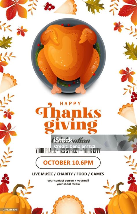 행복 추수 감사절 축하 포스터 템플릿 호박 칠면조 가을 단풍 추수감사절에 대한 스톡 벡터 아트 및 기타 이미지 추수감사절 칠면조 흰 살코기 전단지 Istock