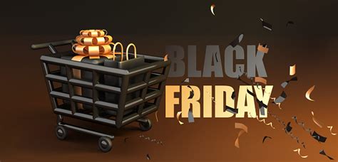 블랙 프라이데이 세일 3d 그림입니다 색종이 조각이 있는 검은색 장바구니에 있는 현실적인 검은색 선물 상자 황금색 텍스트 글자