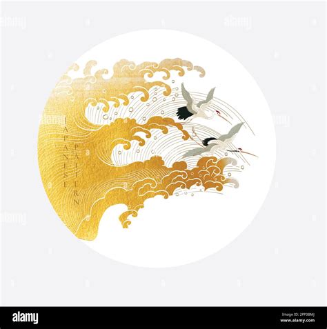 Hand Drawn Chinese Wave With Japanese Pattern Vector Oriental Decoration With Crane Bird
