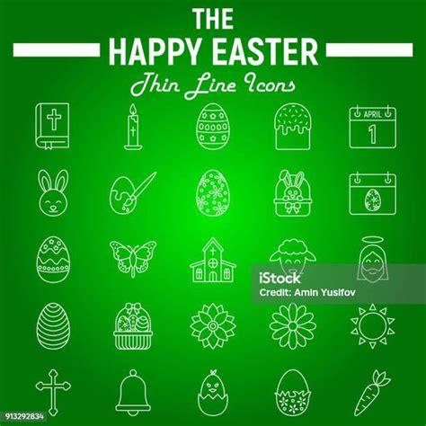 행복 한 부활절 얇은 라인 아이콘 설정 휴일 기호 컬렉션 벡터 스케치 일러스트 Eps 10 녹색 배경에 고립 축 하 신호 선형 무늬 패키지 기호 0명에 대한 스톡 벡터 아트