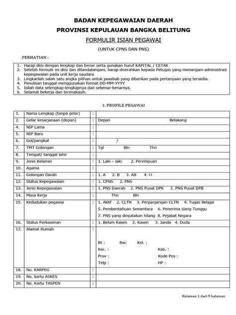 Formulir Isian Data Pegawai Pdf
