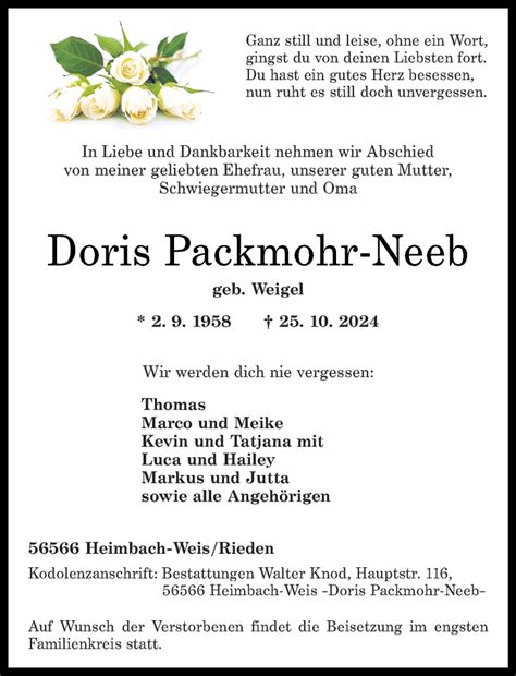 Traueranzeigen Von Doris Packmohr Neeb Rz Trauerde