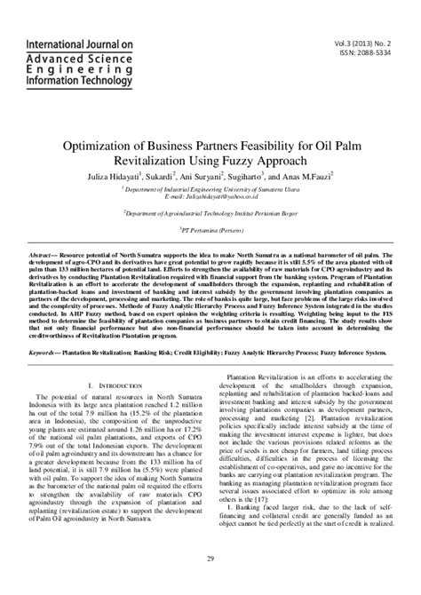 Pdf Optimization Of Business Partners Feasibility For Oil Palm Revitalization Using Fuzzy Approach