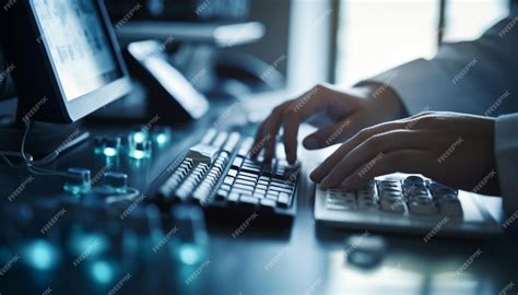 Premium Ai Image Busy Businessman Typing On Modern Computer Keyboard In Corporate Office