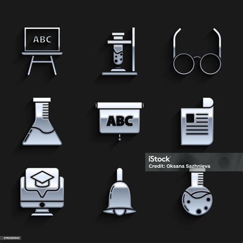 세트 칠판 울리는 종 시험관 및 플라스크 화학 실험실 문서 졸업 모자가 있는 모니터 안경 및 아이콘 벡터 건강 진단에 대한 스톡 벡터 아트 및 기타 이미지 Istock