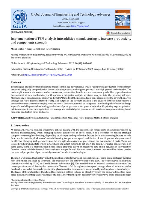 Pdf Implementation Of Fem Analysis Into Additive Manufacturing To Increase Productivity And