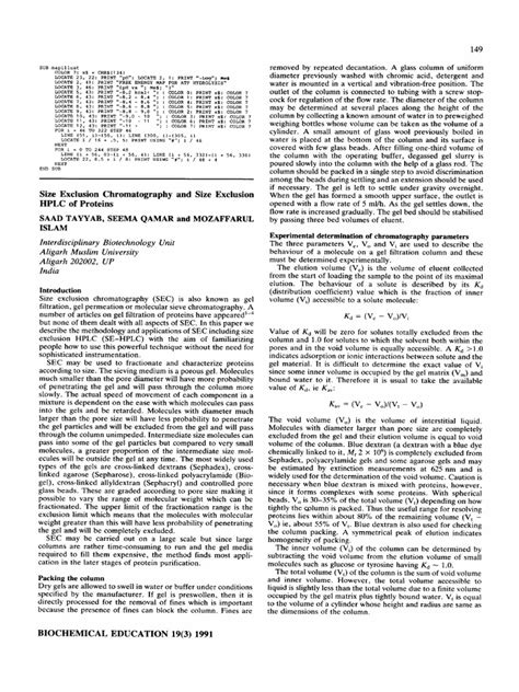 Biochemical Education July 1991 Tayyab Size Exclusion Chromatography And Size Exclusion