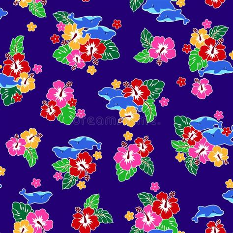 Cute Hibiscus And Dolphin Pattern Suitable For Textiles Stock Vector