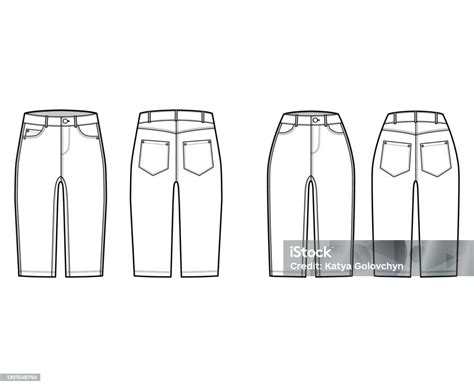 데님 쇼트 팬츠 테크니컬 패션 일러스트레이션으로 무릎 길이 정상적인 로우 웨이스트 하이라이즈 각진 5 포켓 0명에 대한 스톡 벡터 아트 및 기타 이미지 Istock