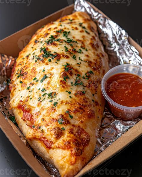Delicious Cheesy Calzone With Marinara Sauce In Takeout Box 69875241