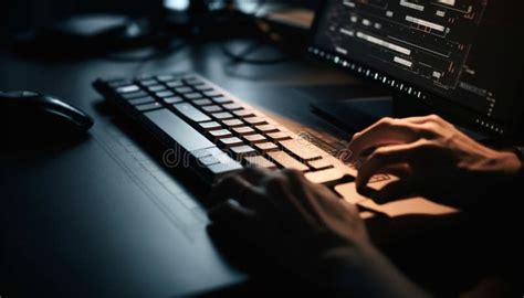 A Busy Businessman Typing On His Computer Keyboard At Night Generated