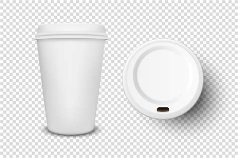 벡터 3d 현실적인 일회용 개봉 및 폐쇄 종이 플라스틱 커피 검은 색 플라스틱 뚜껑 아이콘설정이 있는 음료용 찻잔은 투명한