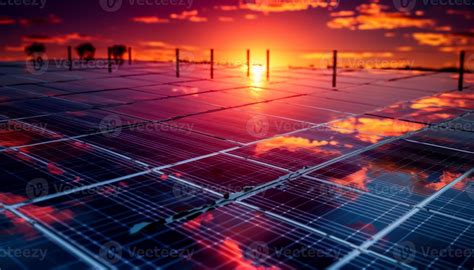 Sunset Glowing Solar Panel Generator Powers Sustainable Energy For