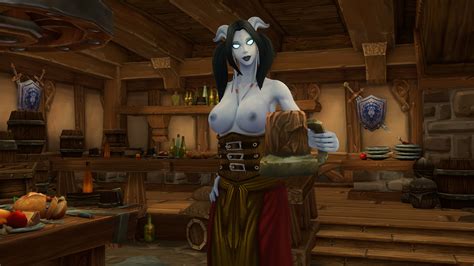 Rule 34 Barmaid Draenei Female Draeni Exposed Breasts Kaelatheelf Kaelscorner Topless Topless