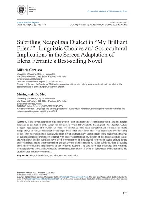 Pdf Subtitling Neapolitan Dialect In My Brilliant Friend” Linguistic Choices And