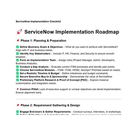 Servicenow Implementation Checklist Itsm Project Plan Digital Download Etsy