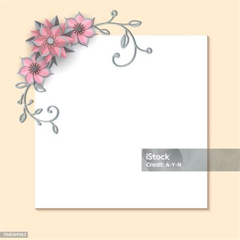 흰색 시트에 꽃 구성 종이 컷 디자인 회색과 분홍색 색상의 종이 잎이있는 아름다운 각도 배경 꽃 인사말 카드 프레임의 요소입니다 벡터 그림입니다 3차원 형태에 대한 스톡