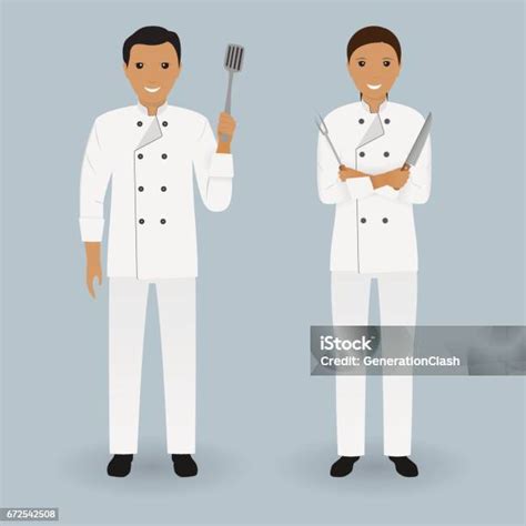 기구와 함께 서 있는 남성과 여성 요리사의 커플 문자를 요리 레스토랑 팀입니다 2명에 대한 스톡 벡터 아트 및 기타 이미지 2명 경영자 공부 Istock