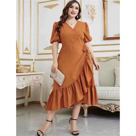 R926 Plus Size Maxi Formal Puff Sleeves Plain Dress Shopee Philippines