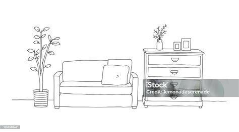 서랍 테이블과 내부 식물의 가슴 소파의 미니멀 한 인테리어 가구 손으로 그린 벡터 낙서 일러스트 인테리어 미니멀 리스트 디자인 소파에 대한 스톡 벡터 아트 및 기타 이미지