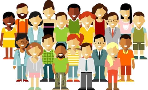 행에 함께 서 있는 다른 사람들의 그룹 군중 프리미엄 벡터