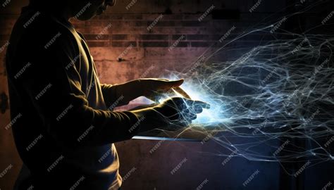 Premium Photo Young Adult Businessman Working On Computer Graphic In Dark Workshop Generated