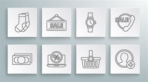세트 라인 스택 지폐 현금 세일 기호 퍼센트 할인 및 노트북 쇼핑 바구니 계정 화면 만들기 손목 시계 전화 24 시간 지원 및 양말 아이콘 벡터 0명에 대한 스톡 벡터 아트