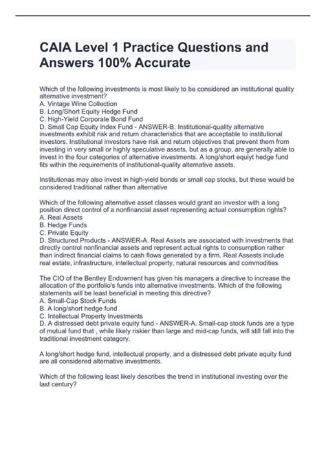 Caia Level 1 Practice Questions And Answers 100 Accurate Caia Level 1 Stuvia Us