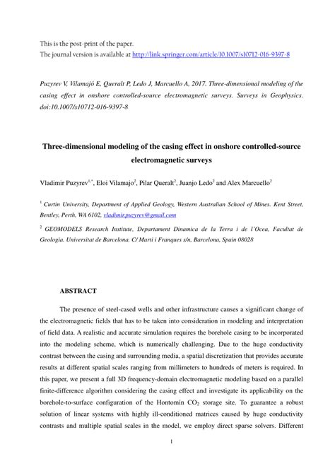 Pdf Three Dimensional Modeling Of The Casing Effect In Onshore