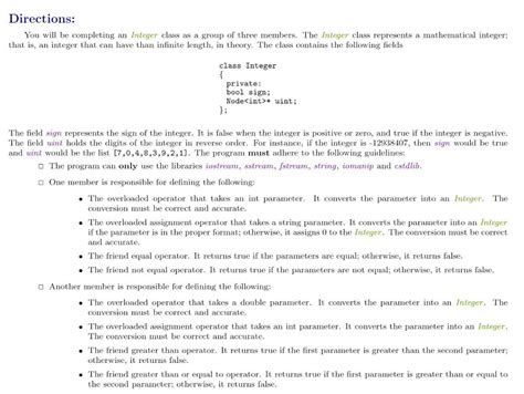 Solved Directions You Will Be Completing An Integer Class Chegg
