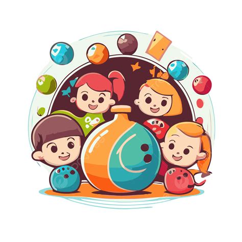 볼링 파티 벡터 스티커 클립 아트 볼링 공과 볼링 핀 디자인 만화로 볼링을하는 귀여운 아이들 상표 클립 아트 Png 일러스트 및 벡터 에 대한 무료 다운로드
