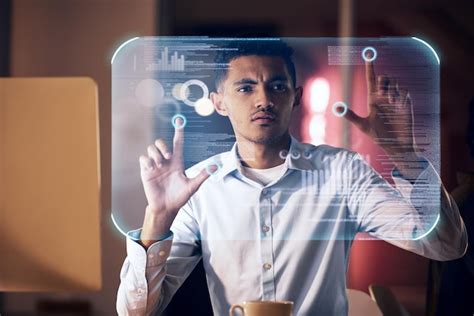 가상 현실에서 미래 기술과 디지털 오버레이 데이터를 갖춘 미래 비즈니스 및 터치 스크린 허드 맨 Vr 사무실에서 생체 인식