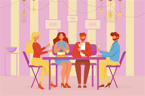 생일 축하 플랫 벡터 그림입니다 남자와 여자는 30 주년과 여자 친구를 축하합니다 소녀와 친구들은 케이크와 칵테일 만화 캐릭터와 카페에서 파티를 만화에 대한 스톡 벡터 아트