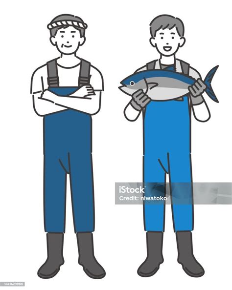 어류 조개류 타모 그물 등으로 어업과 관련된 어부와 남녀의 벡터 일러스트 자료 해산물 상륙 1 차 산업 고용과 노동에 대한 스톡