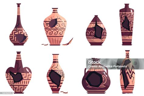 그리스 깨진 꽃병 세트 고대 항아리 고립 그리스 상징이 있는 세라믹 깨진 꽃병 만화 벡터 삽화입니다 도자기 항아리 도기 골동품