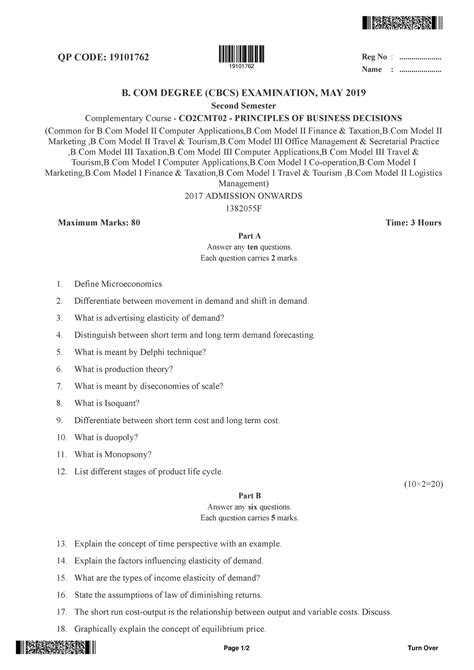 Principles Of Business Decisions Min Qp Code 19101762 Reg No