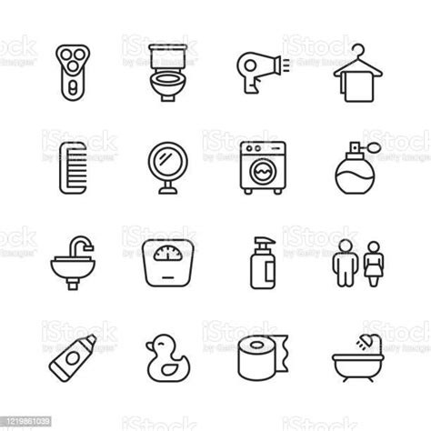욕실 라인 아이콘입니다 편집 가능한 스트로크입니다 픽셀 완벽한 모바일 및 웹용 면도기 화장실 헤어 다이어 수건 옷걸이 빗 거울 세탁기 향수 수도꼭지 싱크대 체중 계수 비누
