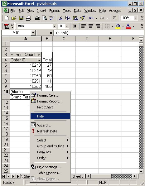 Ms Excel 2003 Hide Blanks In A Pivot Table