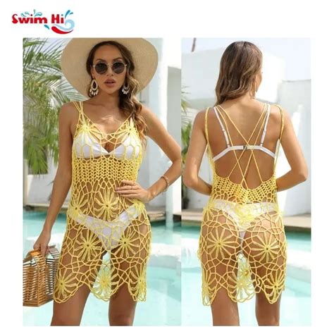 Sexy Mini Beach Dress Crochet Beach Cover Up Women Knit Beachwear