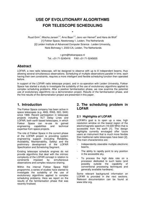 Pdf Use Of Evolutionary Algorithms For Telescope Scheduling