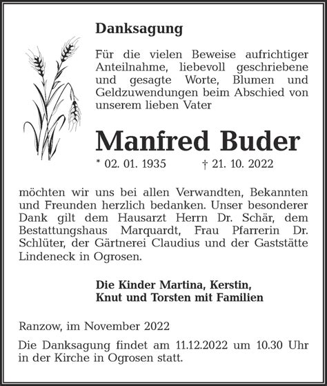 Traueranzeigen Von Manfred Buder Lr Online Trauer De