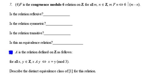 Solved 7 4 F Is The Congruence Modulo 6 Relation Onz For