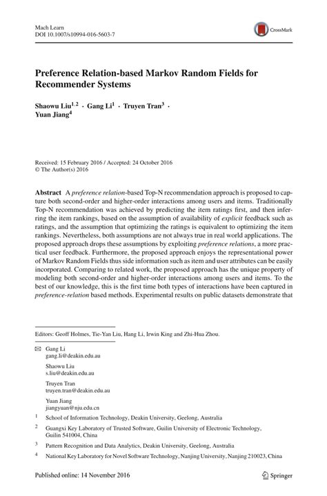 Pdf Preference Relation Based Markov Random Fields For Recommender
