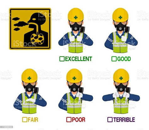 호흡보호구를 사용하는 산업 종사자 세트가 만족도 등급을 제시하고 있습니다 건설 산업에 대한 스톡 벡터 아트 및 기타 이미지 건설 산업 계급 공장 산업 건물 Istock