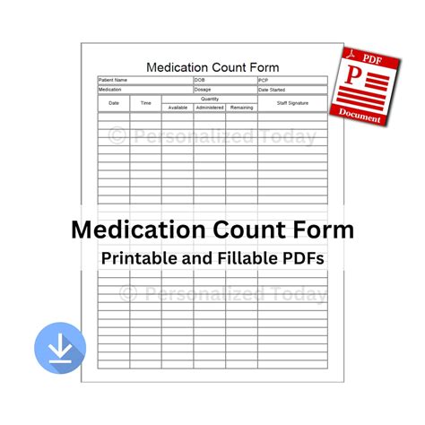 Pdf Medication Count Sheet 1 Printable And 1 Text Input Fillable Us Letter Size Digital Download