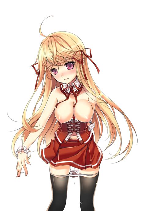 Rule 34 Ahoge Bare Shoulders Black Legwear Blonde Hair Blush Breasts Choker Cinia Pacifica
