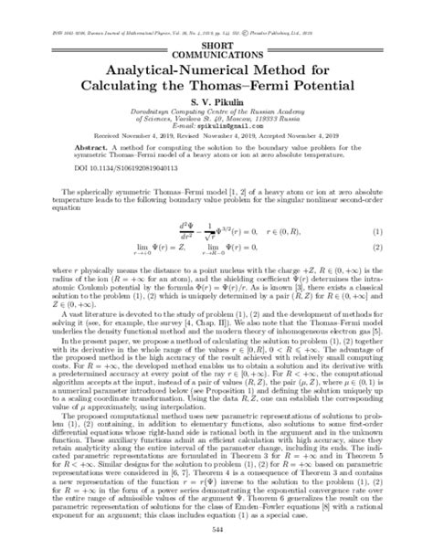Pdf Analytical Numerical Method For Calculating The Thomas Fermi