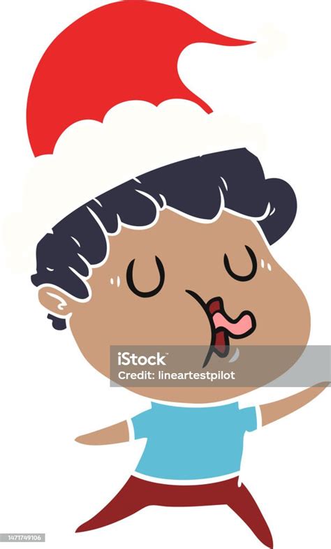 산타 모자를 쓰고 노래하는 남자의 손으로 그린 평면 컬러 그림 기이함에 대한 스톡 벡터 아트 및 기타 이미지 기이함 낙서