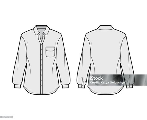 라운드 포켓과 칼라 긴 소매 프론트 버튼 패스닝이 있는 클래식 셔츠 테크니컬 패션 일러스트 0명에 대한 스톡 벡터 아트 및 기타 이미지 Istock