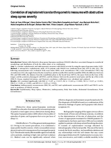 Pdf Correlation Of Cephalometric And Anthropometric Measures With Obstructive Sleep Apnea Severity